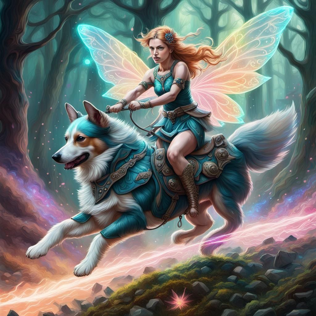 A woodland fairy with their corgi war steed charging fiercely into ...