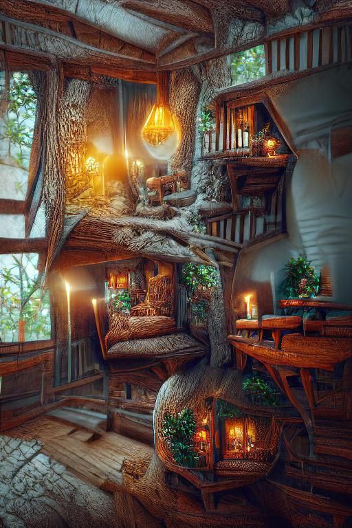 Inside a quaint cozy warm treehouse beautifully lit Ferdinand Knab [8K 3D 8k resolution ...
