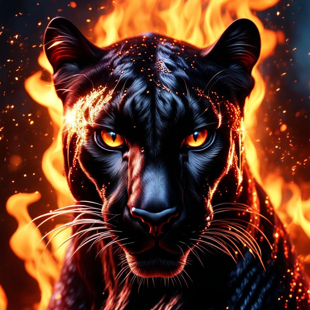 photorealistic final render of an epic panther wreathed in fire and ...