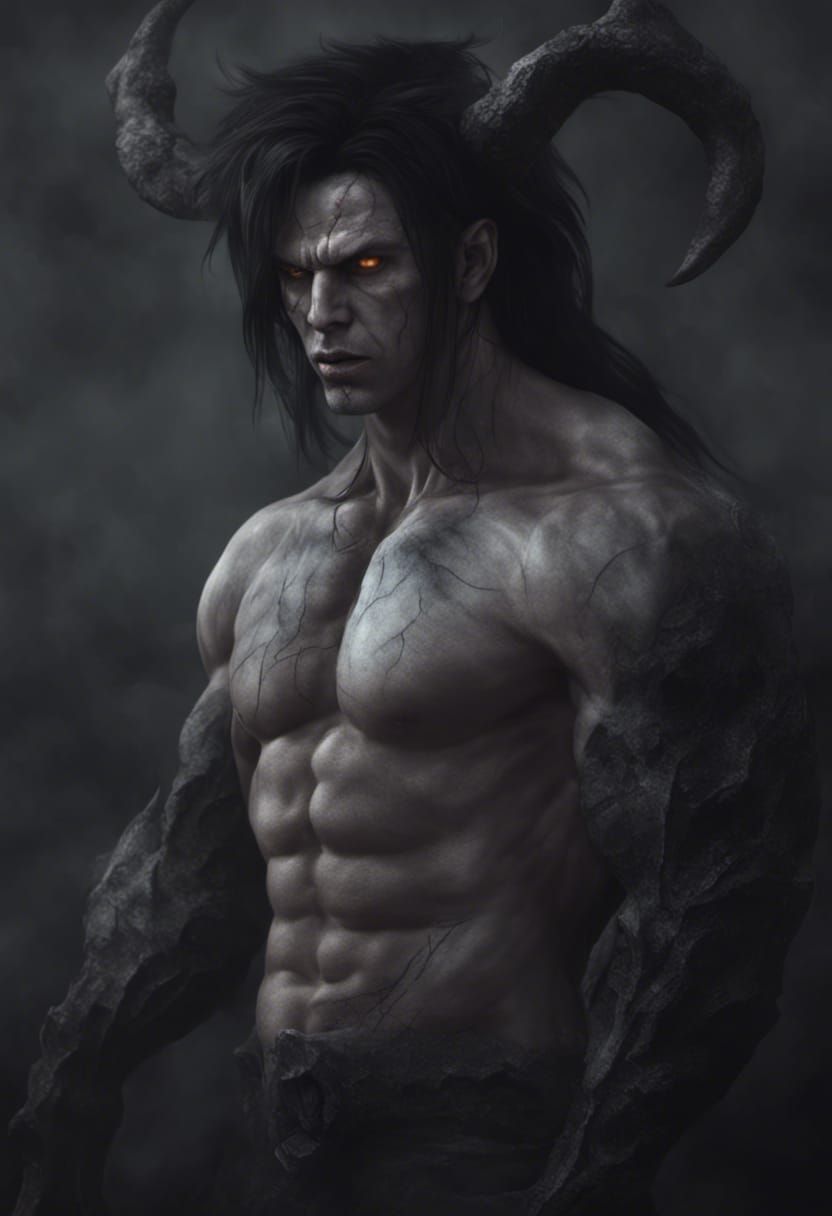 demon horned Muscular Demon male no armor large build long black hair ...