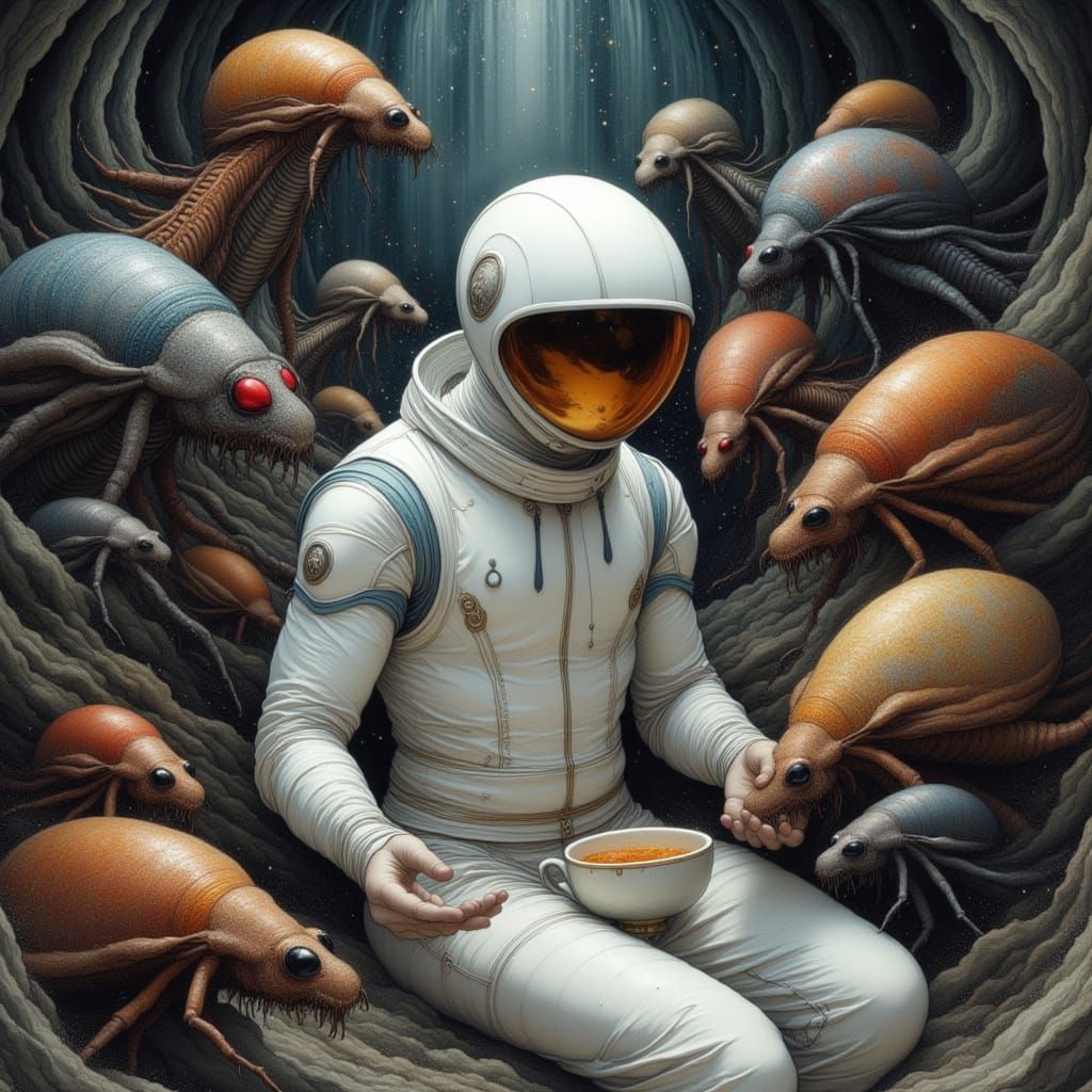 Astronaut in Cosmic Cave Surrounded by Curious Bug... - AI Art