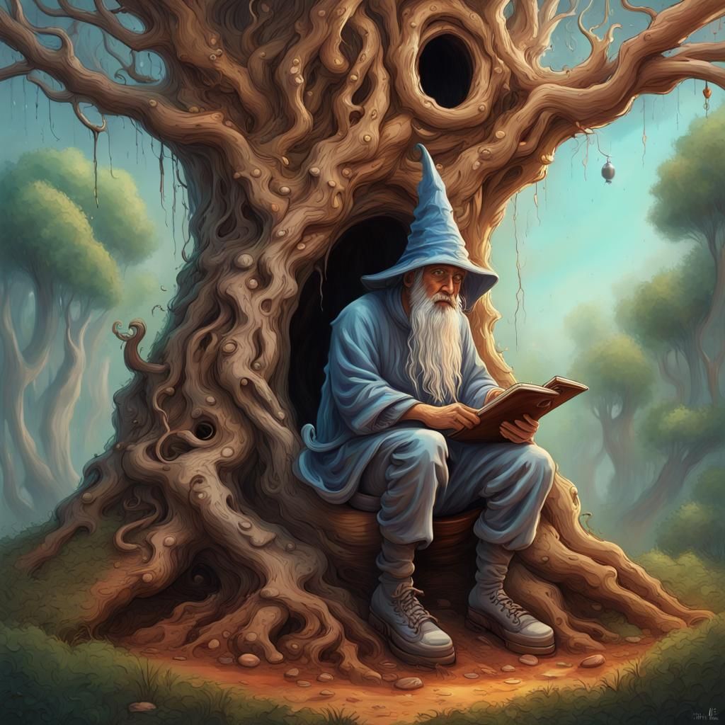 High detailed hollowed tree with a young wizard sitting on a toilet ...