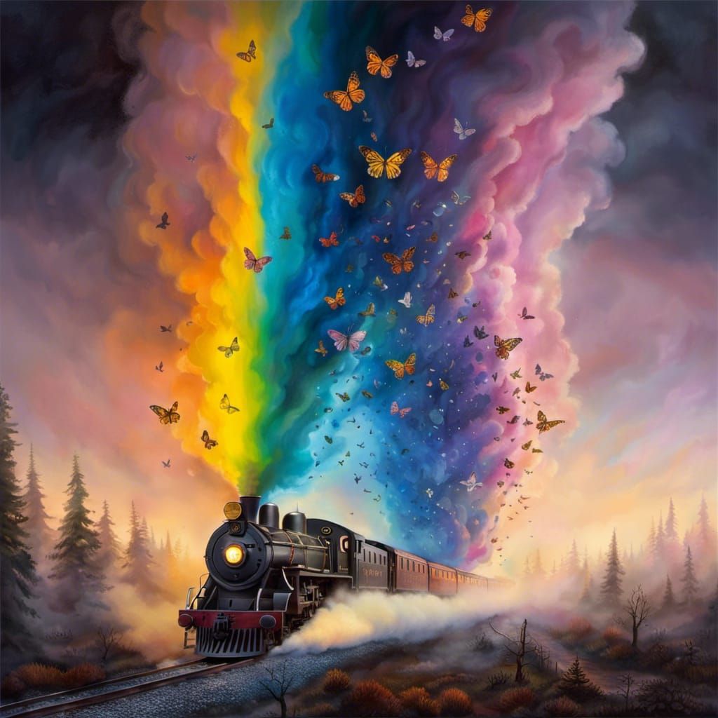 Rainbow Steam Train and Butterfly Cloud - AI Generated Artwork ...