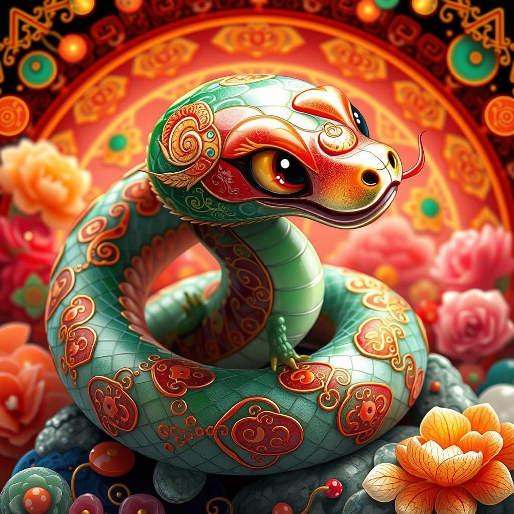 Chibi Snake in Vibrant Jade Scales, Inspired by Ja... - AI Art