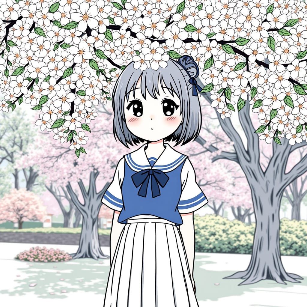 Delicate black and white line art of a teenage girl in a manga-style ...