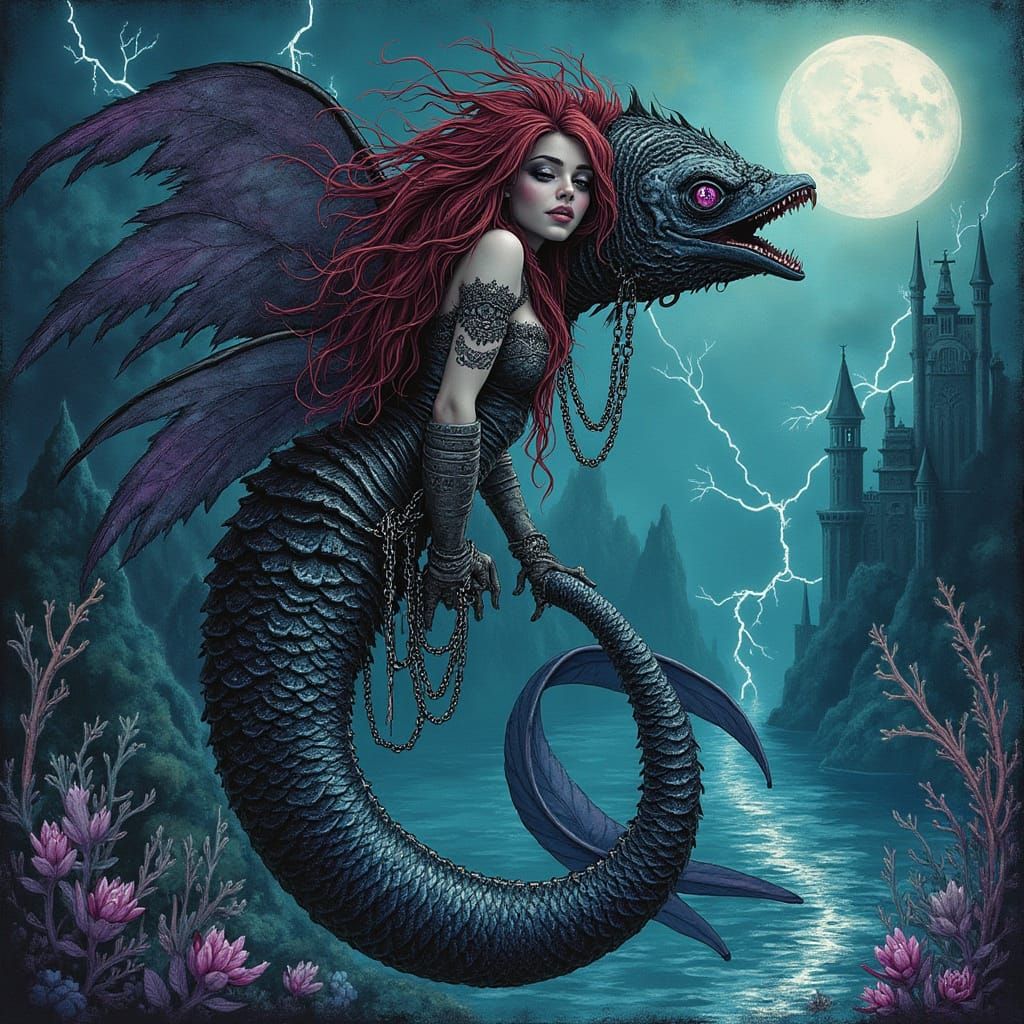 Portrait dark fairy mermaids wearing chainmail and leather, glistening ...