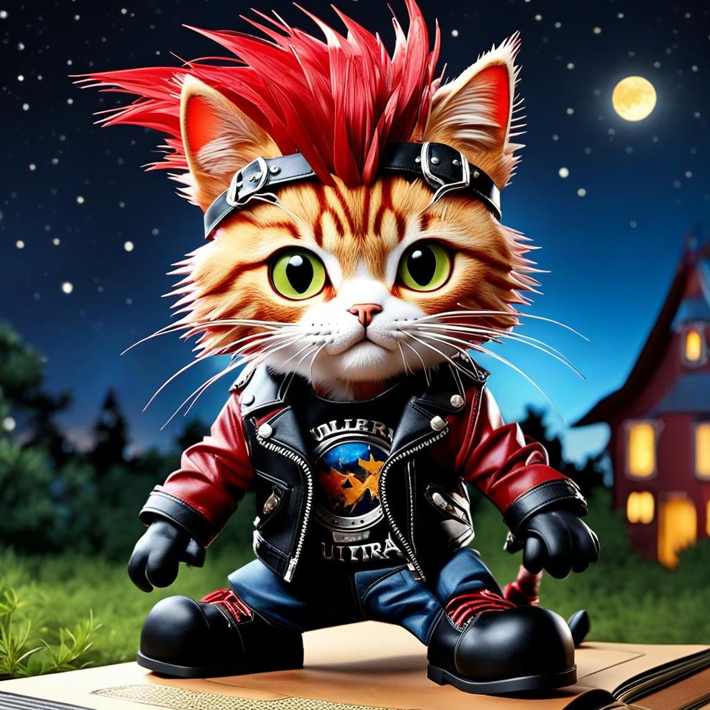 punk rock cat, dressed in leather jacket, thick boots, red mohawk ...