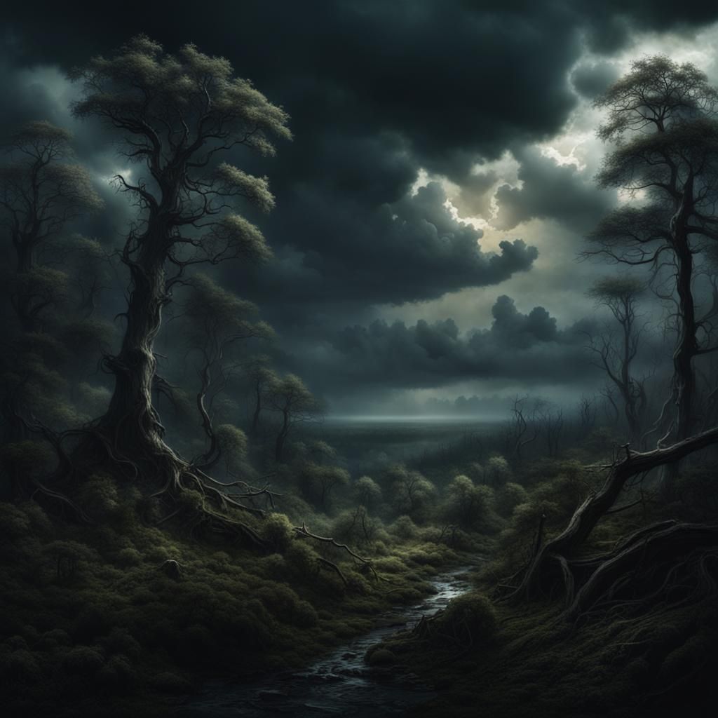 Dark haunting forest, stormy clouds, evening, strange shadows. - AI ...