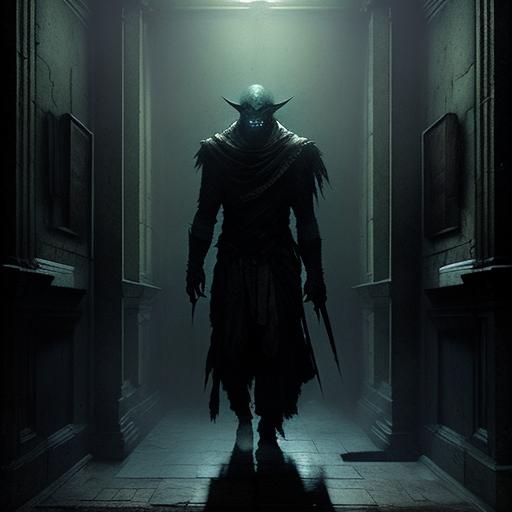 A shadow humanoid creature in a corner of a corridor - AI Generated ...