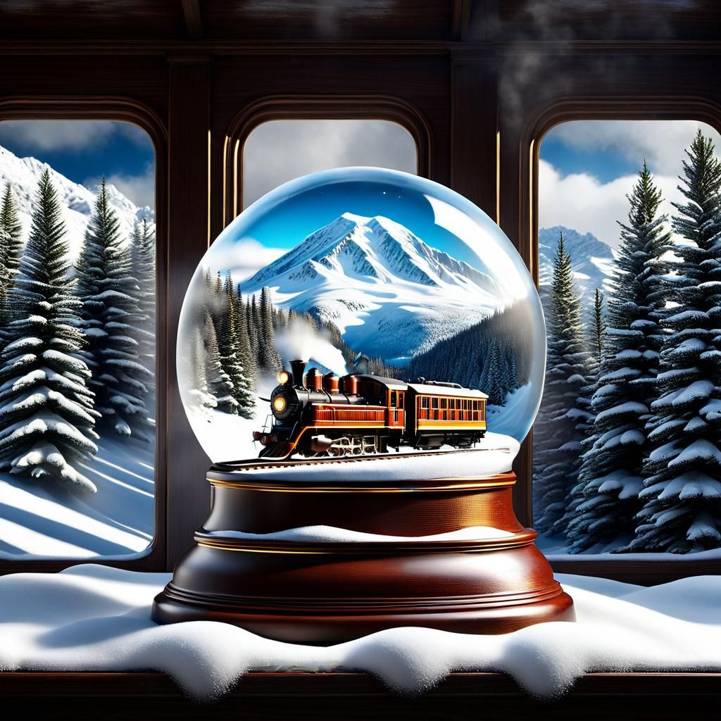 A snow globe with a mountain pass inside; a Steam engine train going ...