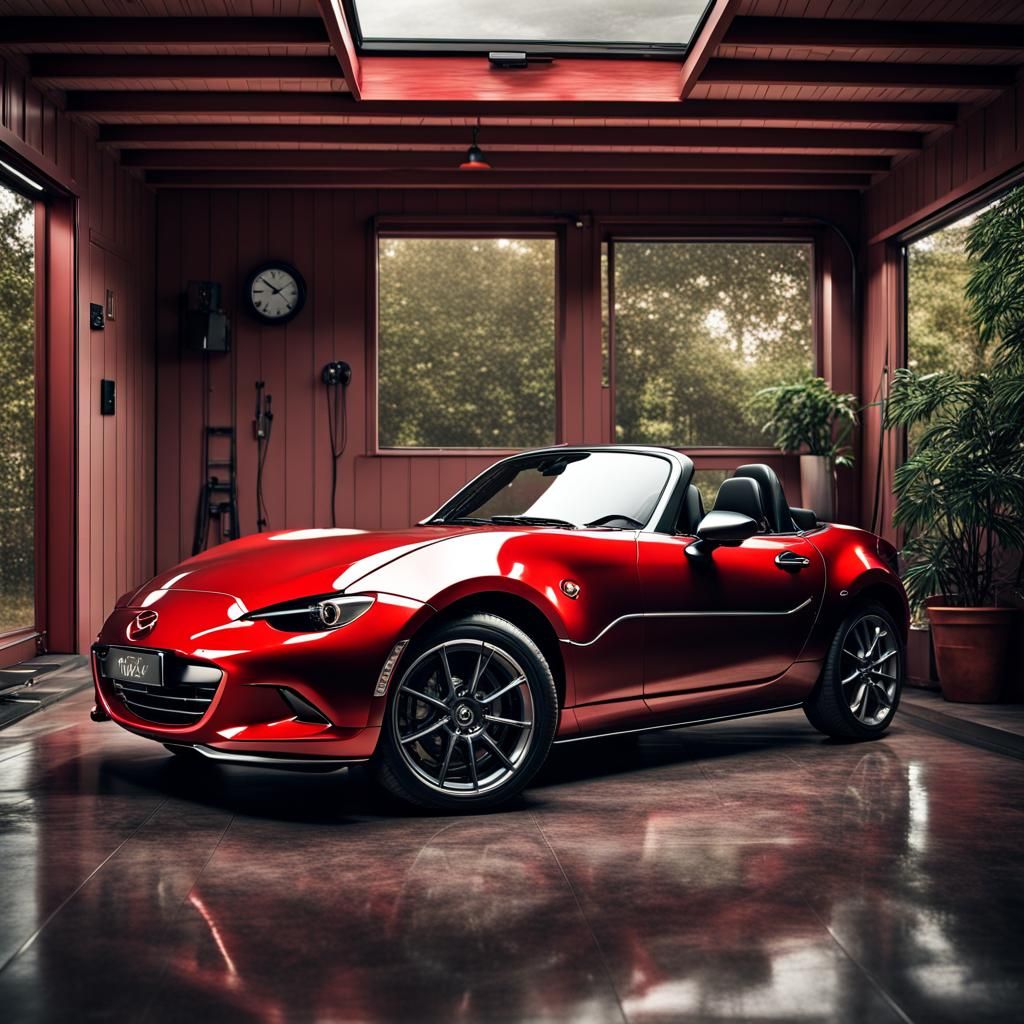 Red Mazda MX-5 Retractable Fastback in a bungalow garage, foldable ...