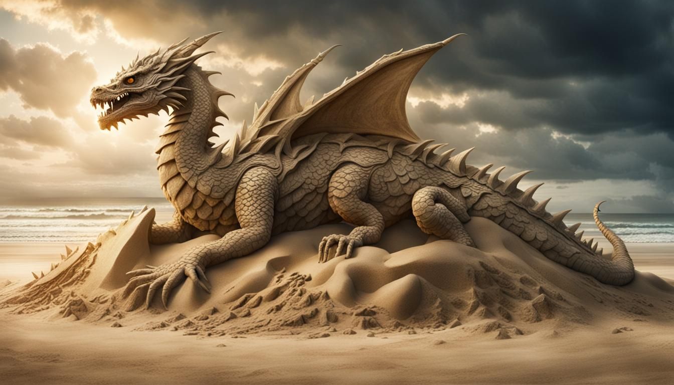 Majestic Desert Dragon Blends into Beach Sand Mast... - AI Art