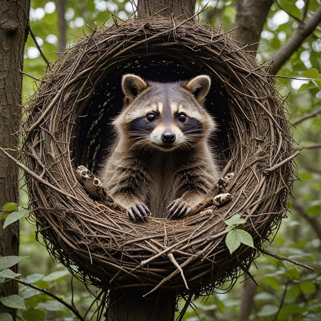 The Nested Raccoon - Whispering Raccoon in a Birds' Nest San...