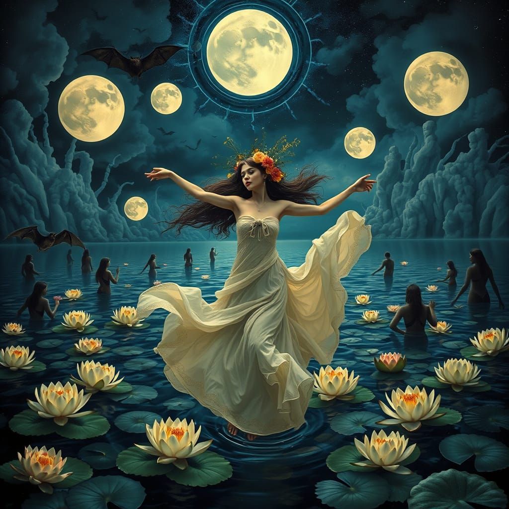 Ethereal Nighttime Dance in a Surreal Oceanic Scen... - AI Art