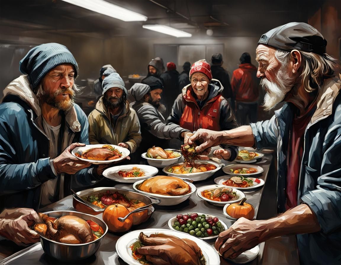 Homeless shelter serving Thanksgiving dinners to homeless people in a ...