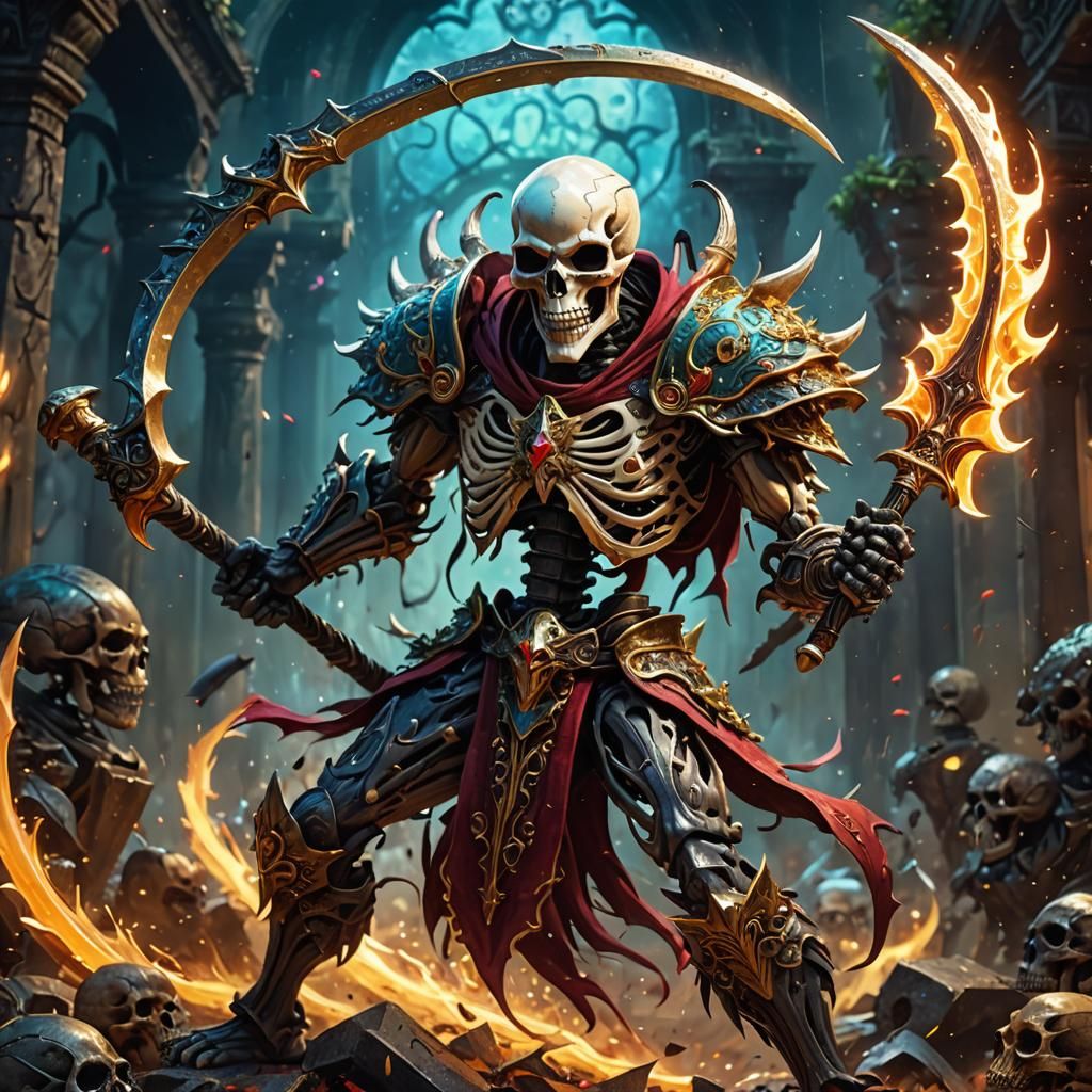 A fearsome and powerful skeleton demon with a splashed scythe(long ...