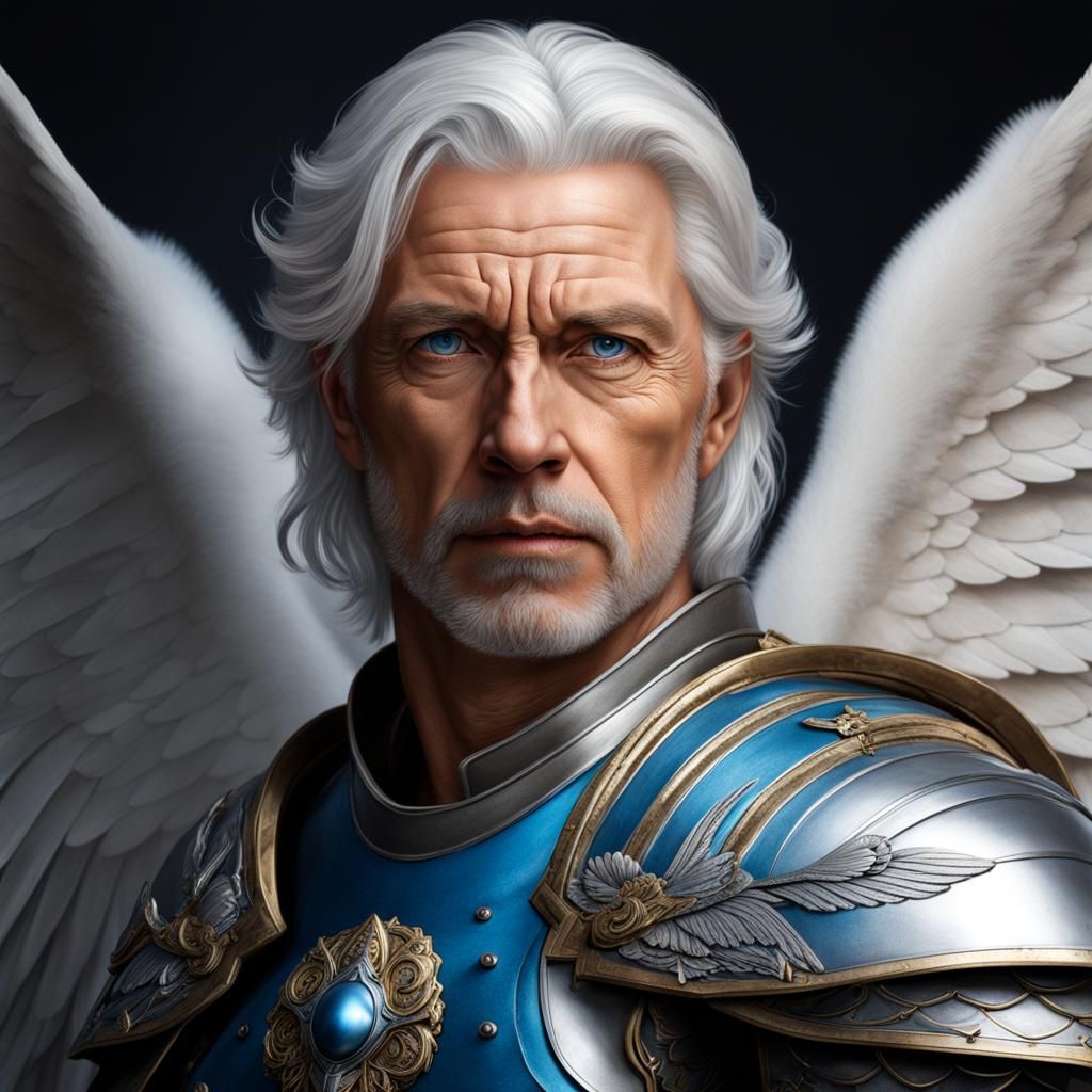 Hyper Realistic portrait of an angel wearing armour who has white hair ...