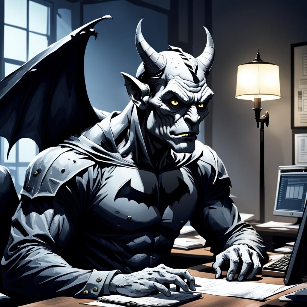 Accountant turns into a gargoyle in a silent nighttime office, creepy ...