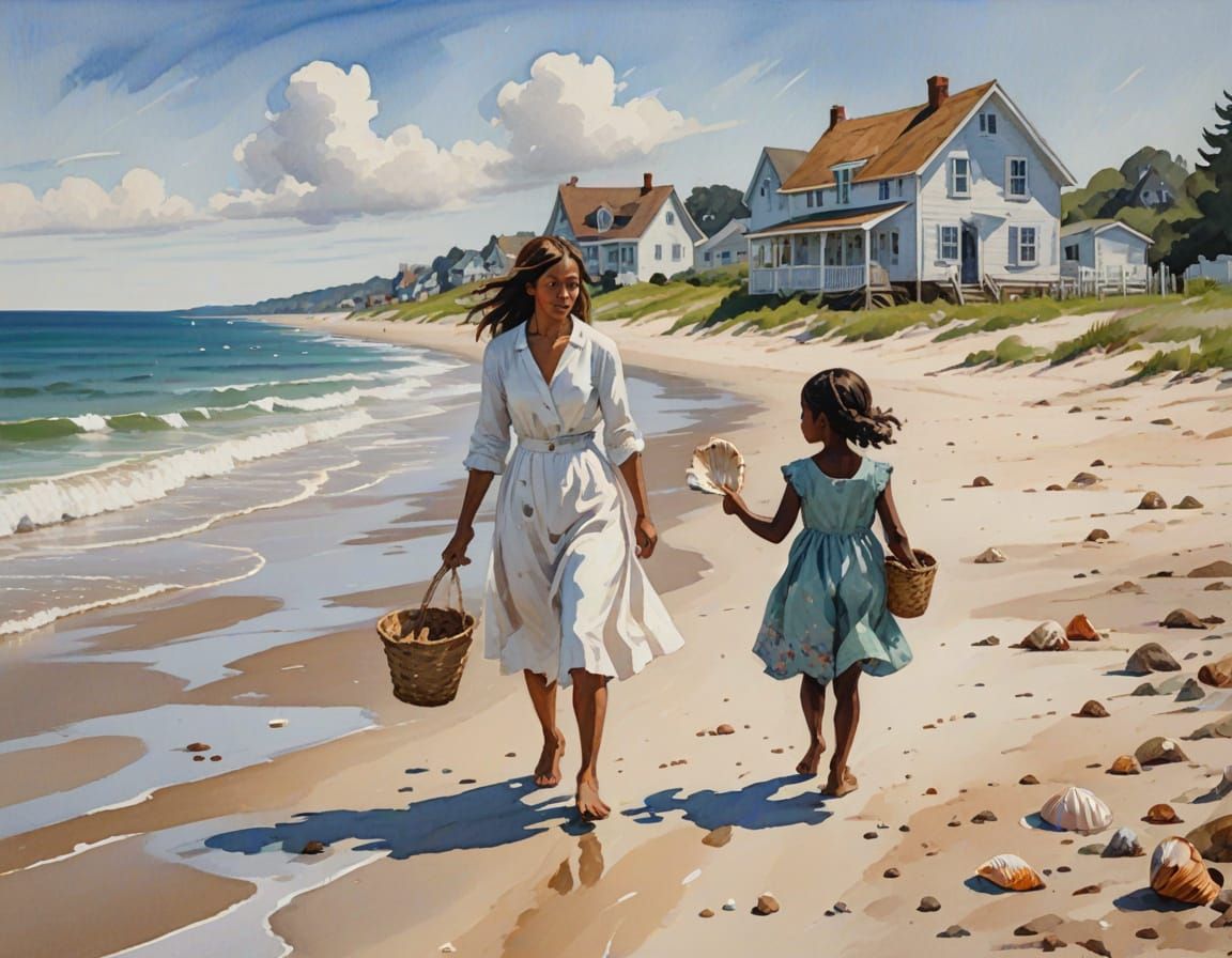 Collecting shells 2 - Elegant Beach Scene in Impressive Goua...
