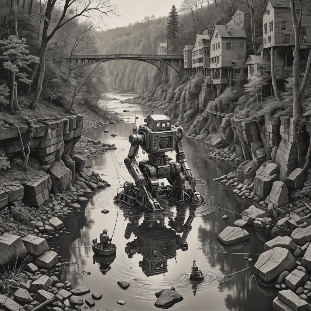 Robot Mech Fishing in a river MC Escher - AI Generated Artwork ...