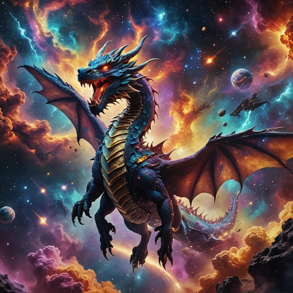 Masterpiece detailed shot of a cosmic dragon flying through a nebula ...