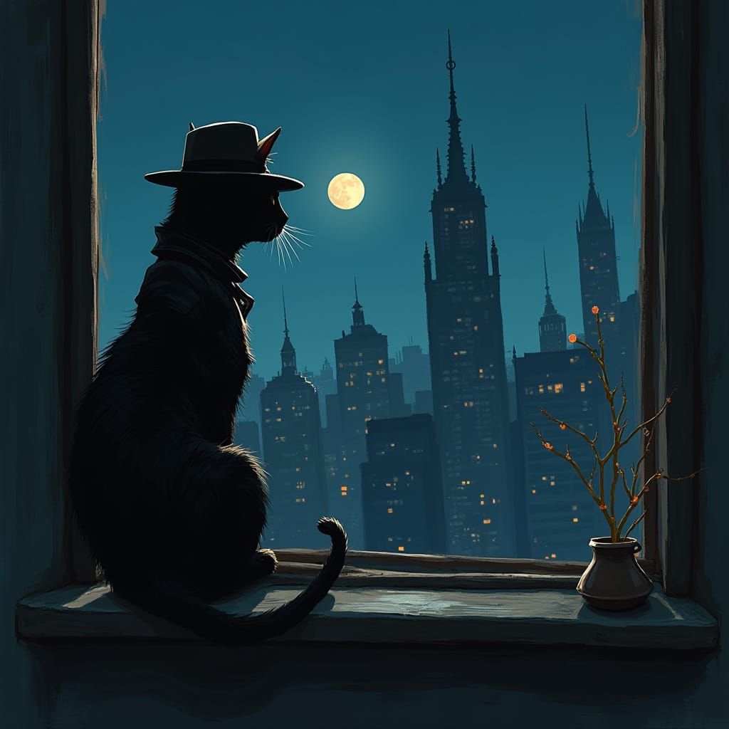 spy kitty - Mysterious Nighttime Feline in a Whimsical City...