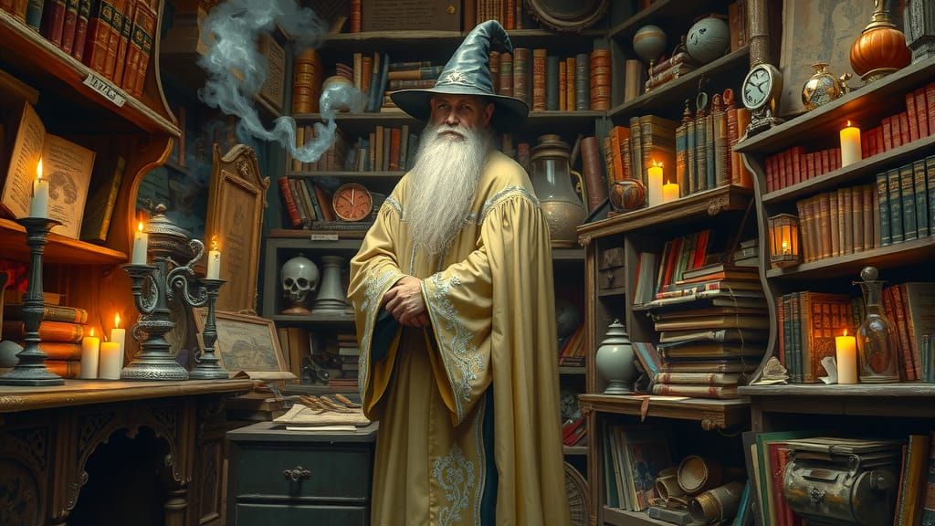 Fantasy Sorcerer in Mystical Workroom - AI Art