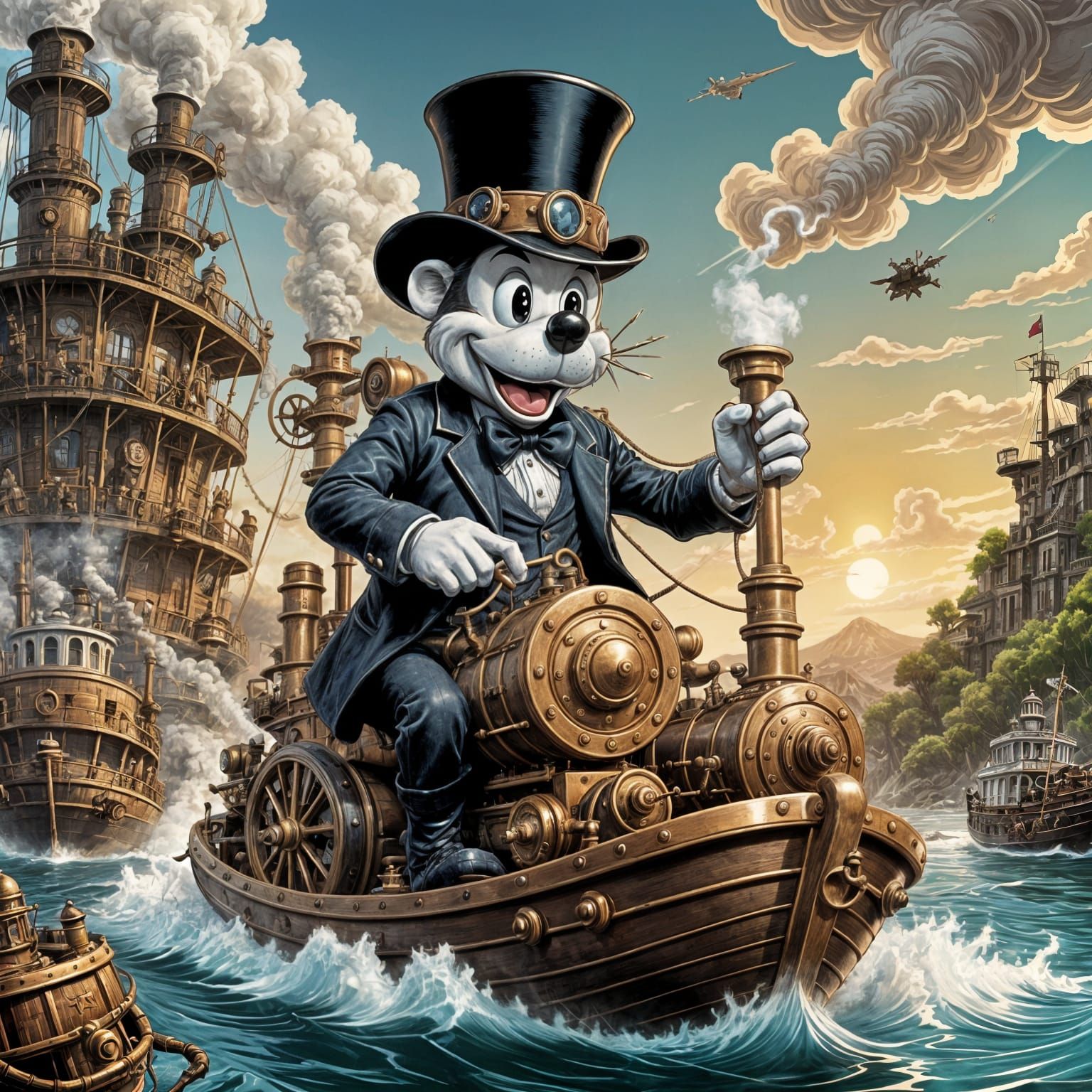 Steampunk Steamboat Willie Comic Art - AI Art