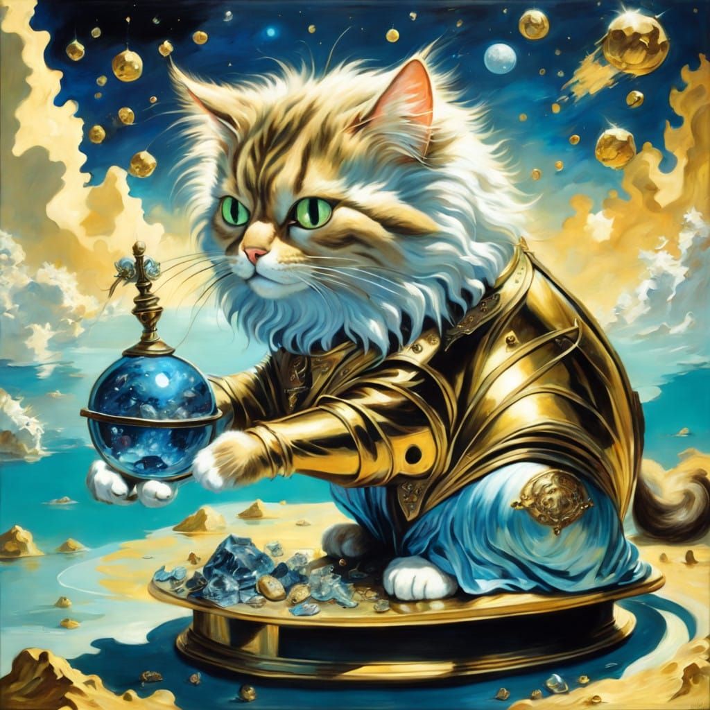Fantasy, fluffy rogue cat finds treasure, sparkling, hyperdetailed oil ...