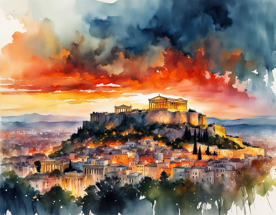 Sunset over Acropolis in Athens, Greece - AI Generated Artwork ...