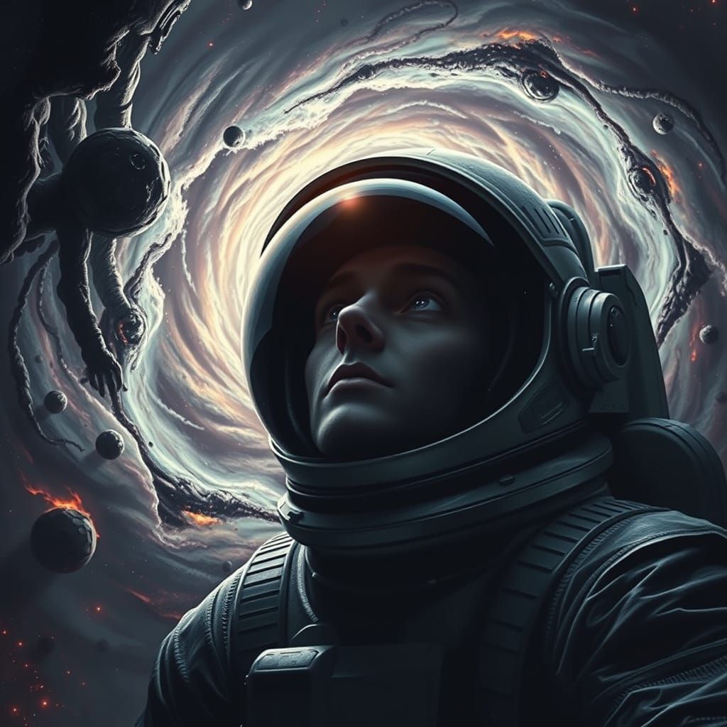 Infernal nightmare. Close-up shot. A lone astronaut, eyes filled with ...