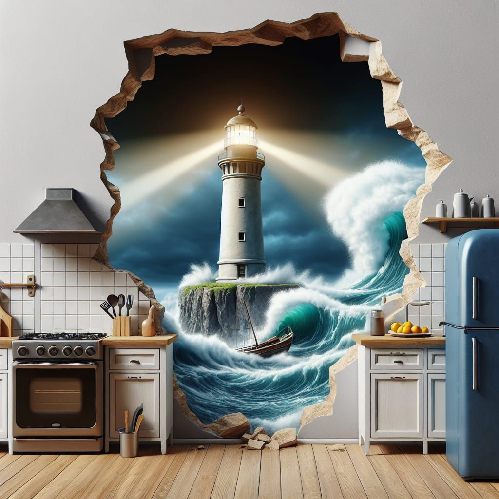 A regular kitchen with a hole smashed in the wall, through it you can ...