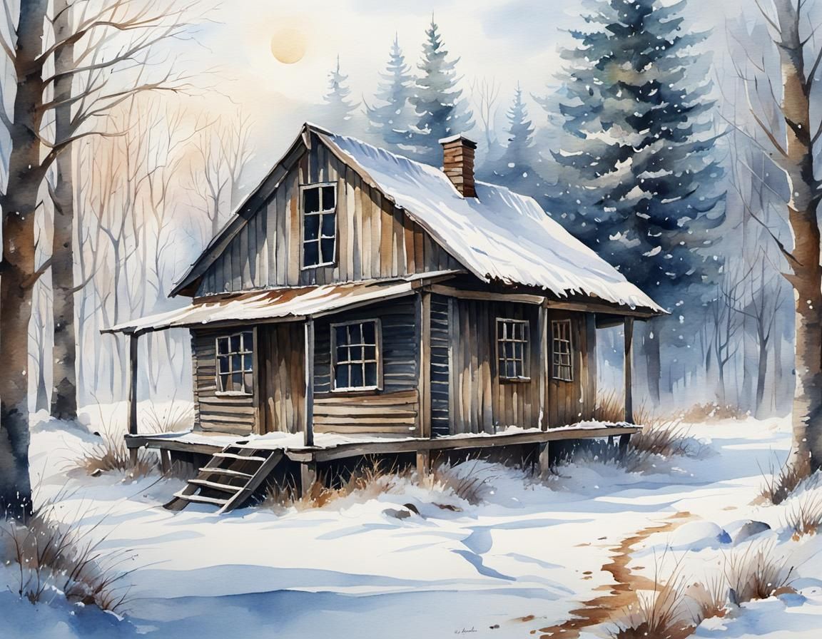 wooden shack in the snow - AI Generated Artwork - NightCafe Creator