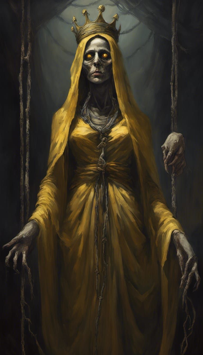 Mummified Queen entity with a crooked black crown, tiny glowing yellow ...