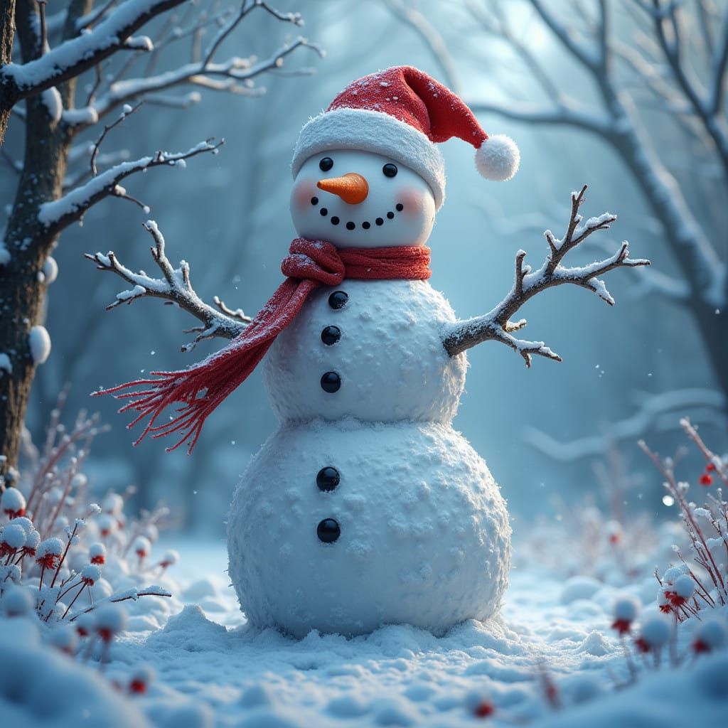 Snowman wearing a Santa hat - Ethereal Snowman in Vibrant Wi...