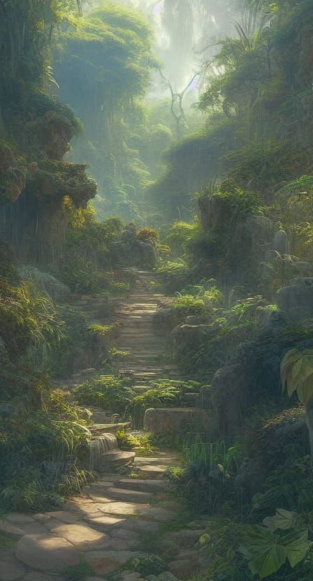 beautiful concept art painting of a jungle path with a huge overgrown ...