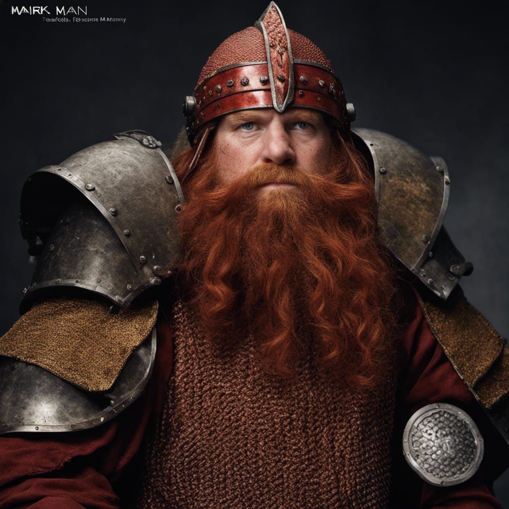 dwarf, younger, chainmail , decorated helmet, red hair, plaited beard ...