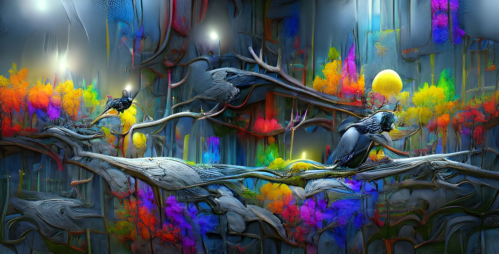 Crows on a Dark Colourful Night - AI Generated Artwork - NightCafe Creator