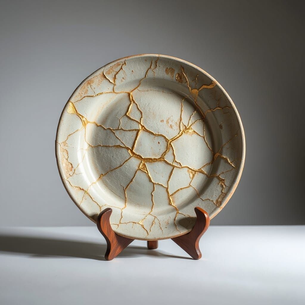 Kintsugi - Golden Repair Art on Wooden Stand