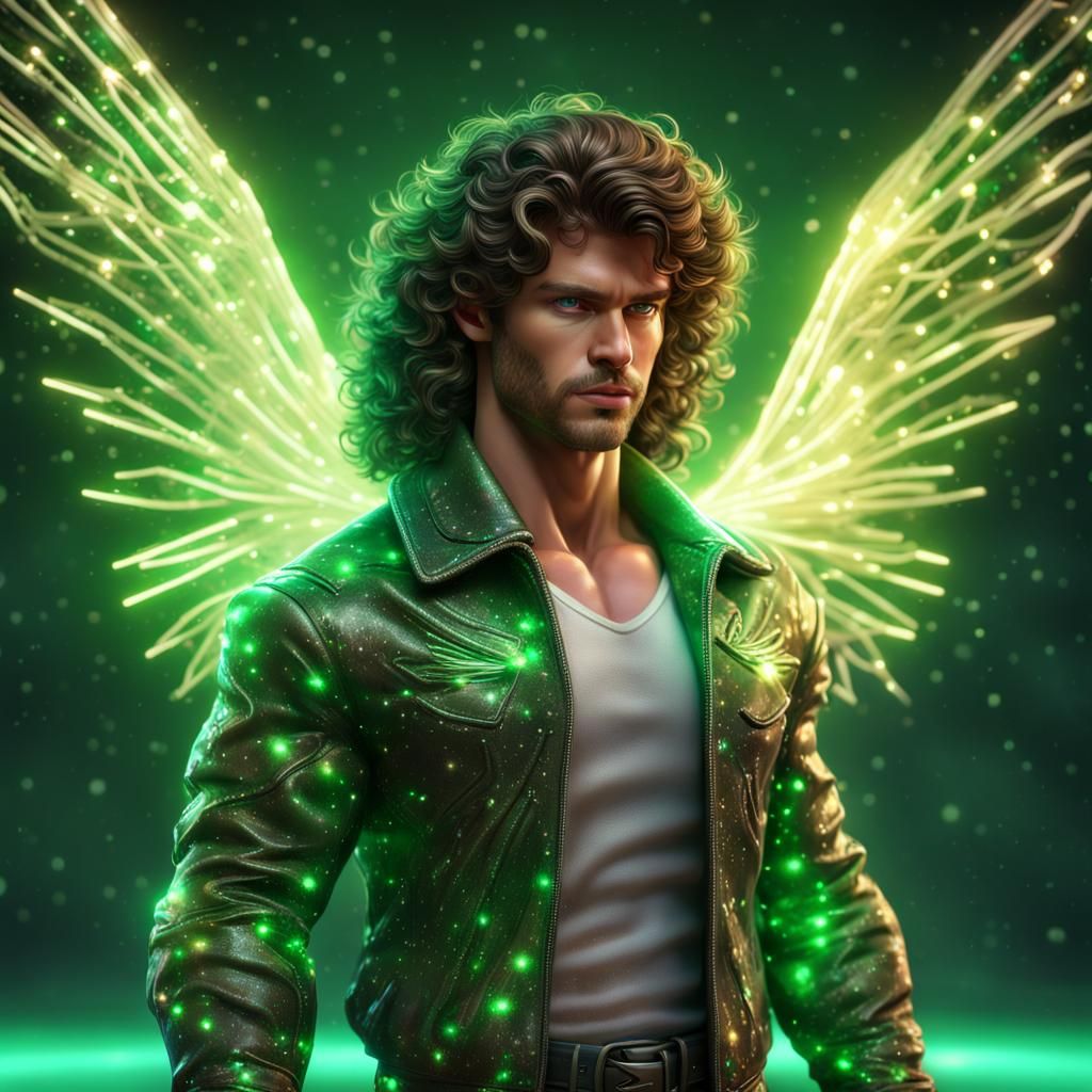 hyperrealistic Cool 80s muscular chibi man, very long curly brown hair ...