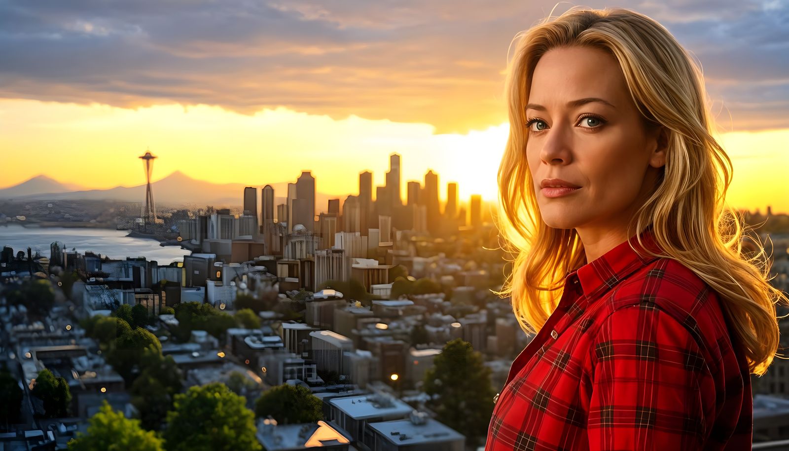 Jeri Ryan - Elegant Blonde Woman in Red Plaid Shirt Against ...