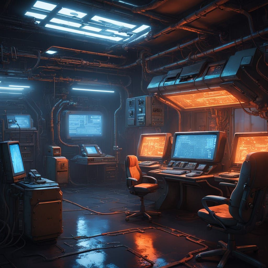 a dystopian computer terminal scene, blending old and high-tech ...