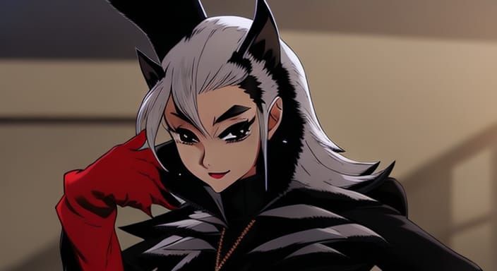 Cruella with long hair. Fur coat. Ponytails. Fur high heel boots. Fox ...
