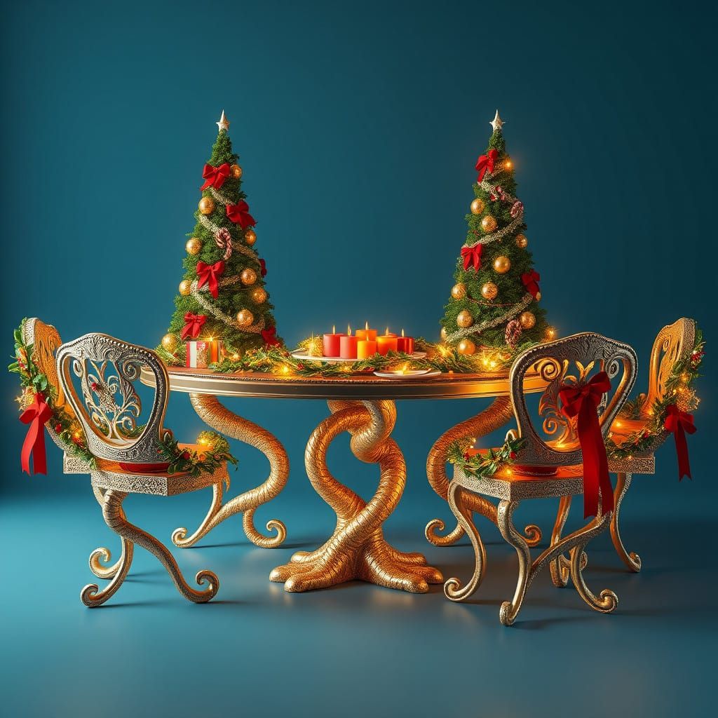 Surrealist Christmas Table Scene with Twisting Tre... - AI Art