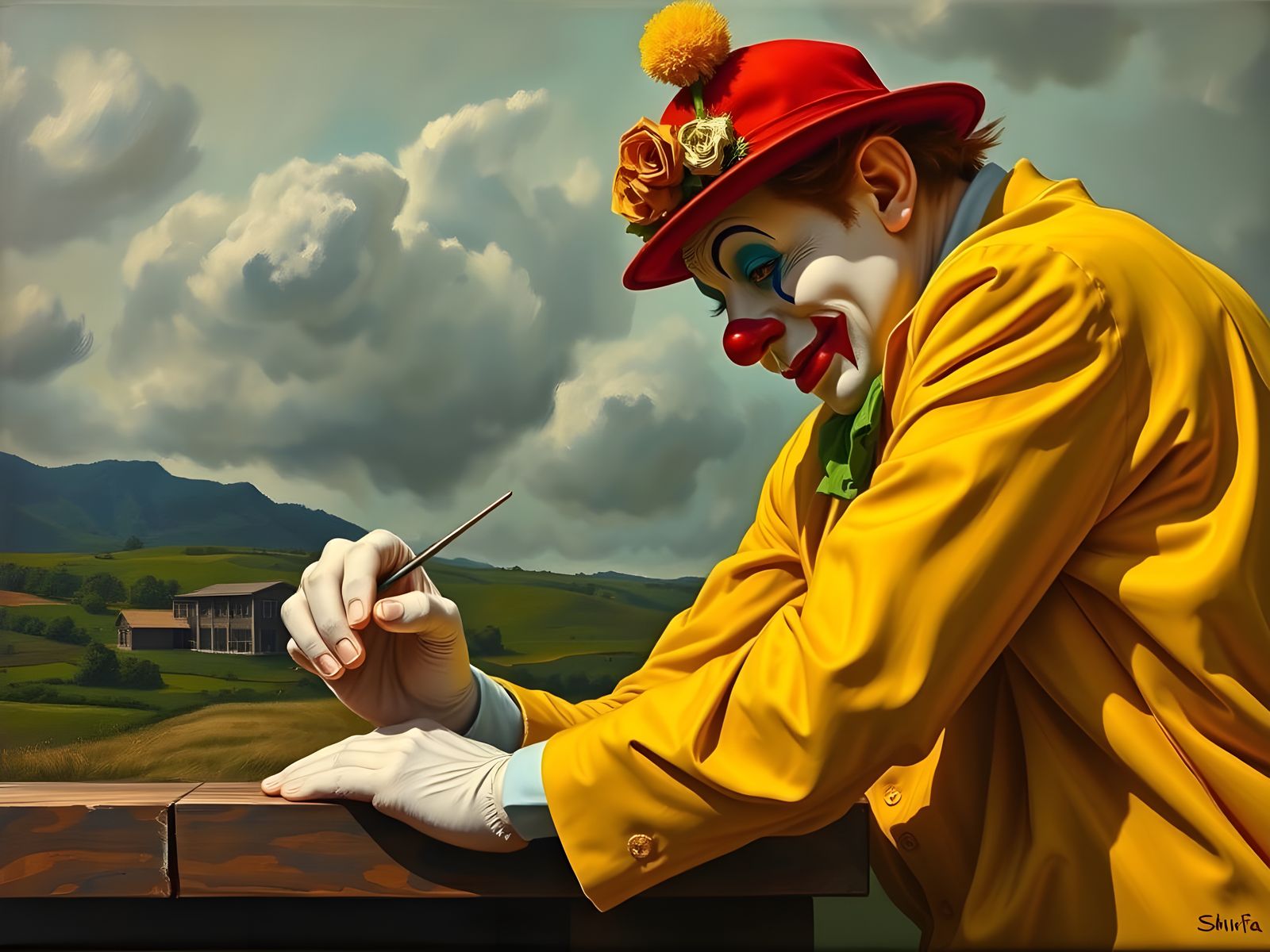 the work of a clown, detailed oil painting, edward hopper, salvador dali