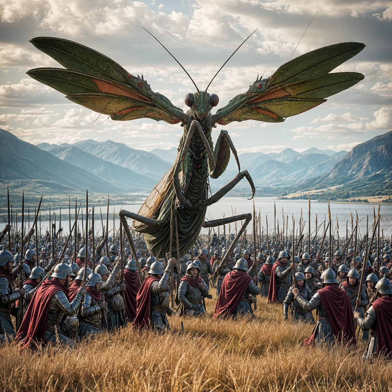 Mythical Praying Mantis Adored by Medieval Warrior... - AI Art