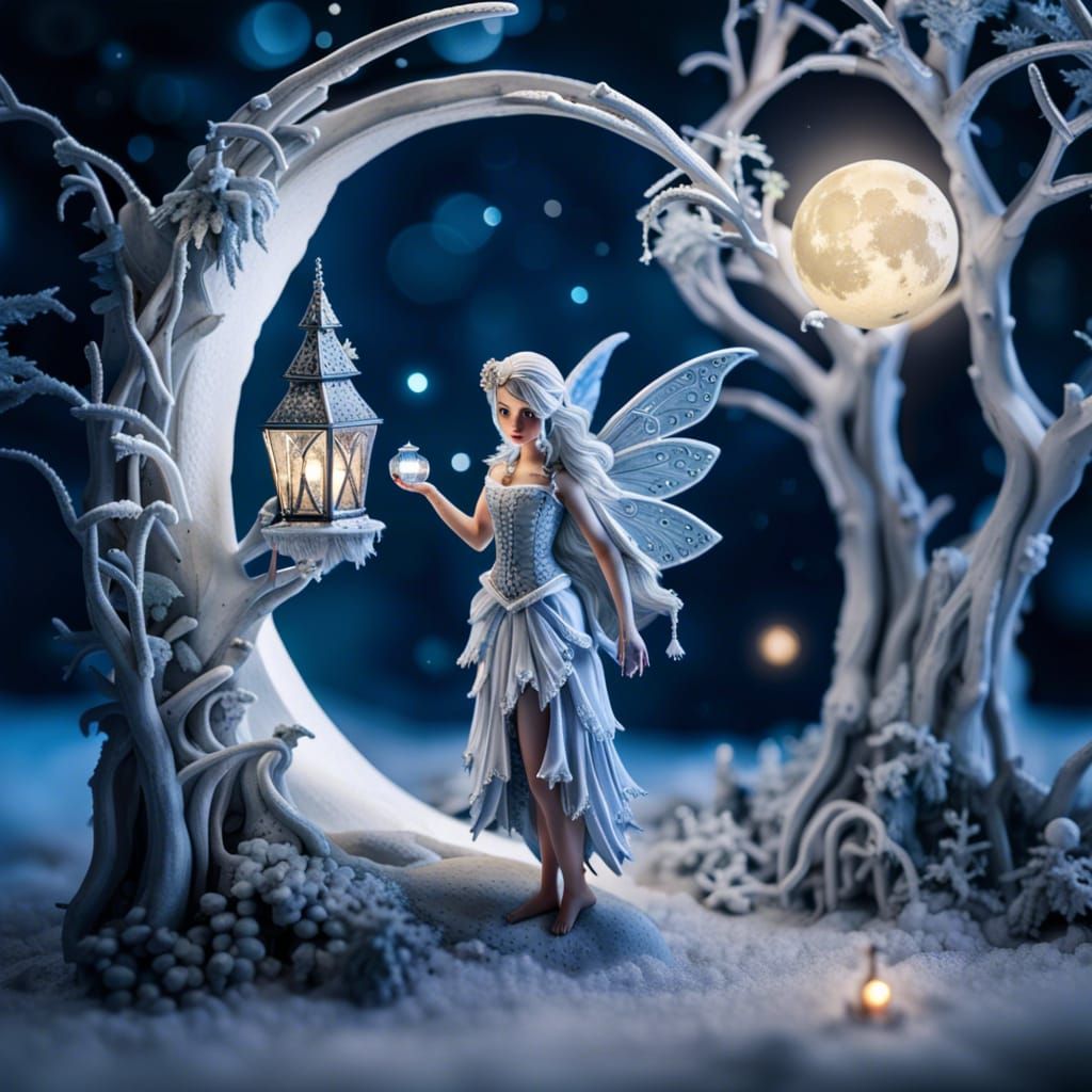 lovely frosty moon fairy holding a crystal lantern and standing in a ...