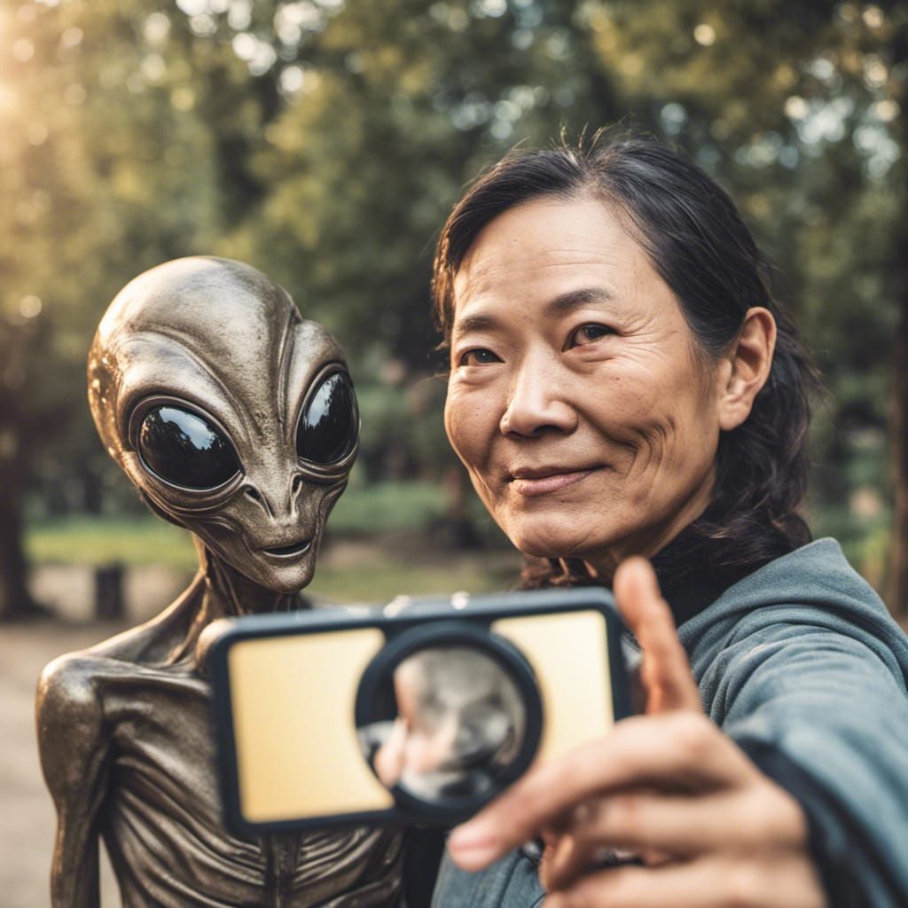 alien taking selfie with chinese aunt in park : r/nightcafe