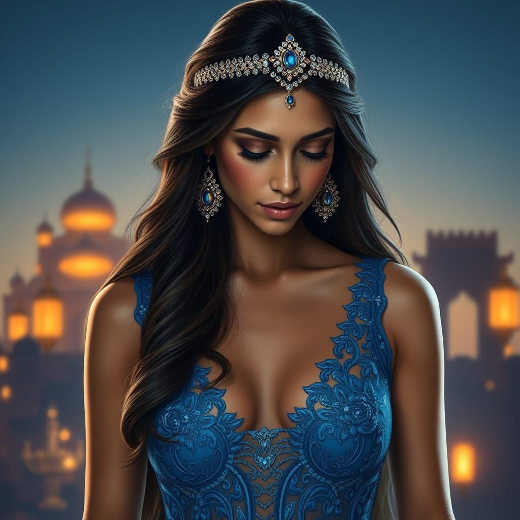 A portrait of a woman as a modern Jasmine, the princess of Agrabah, wearing a sleeveless, open ...