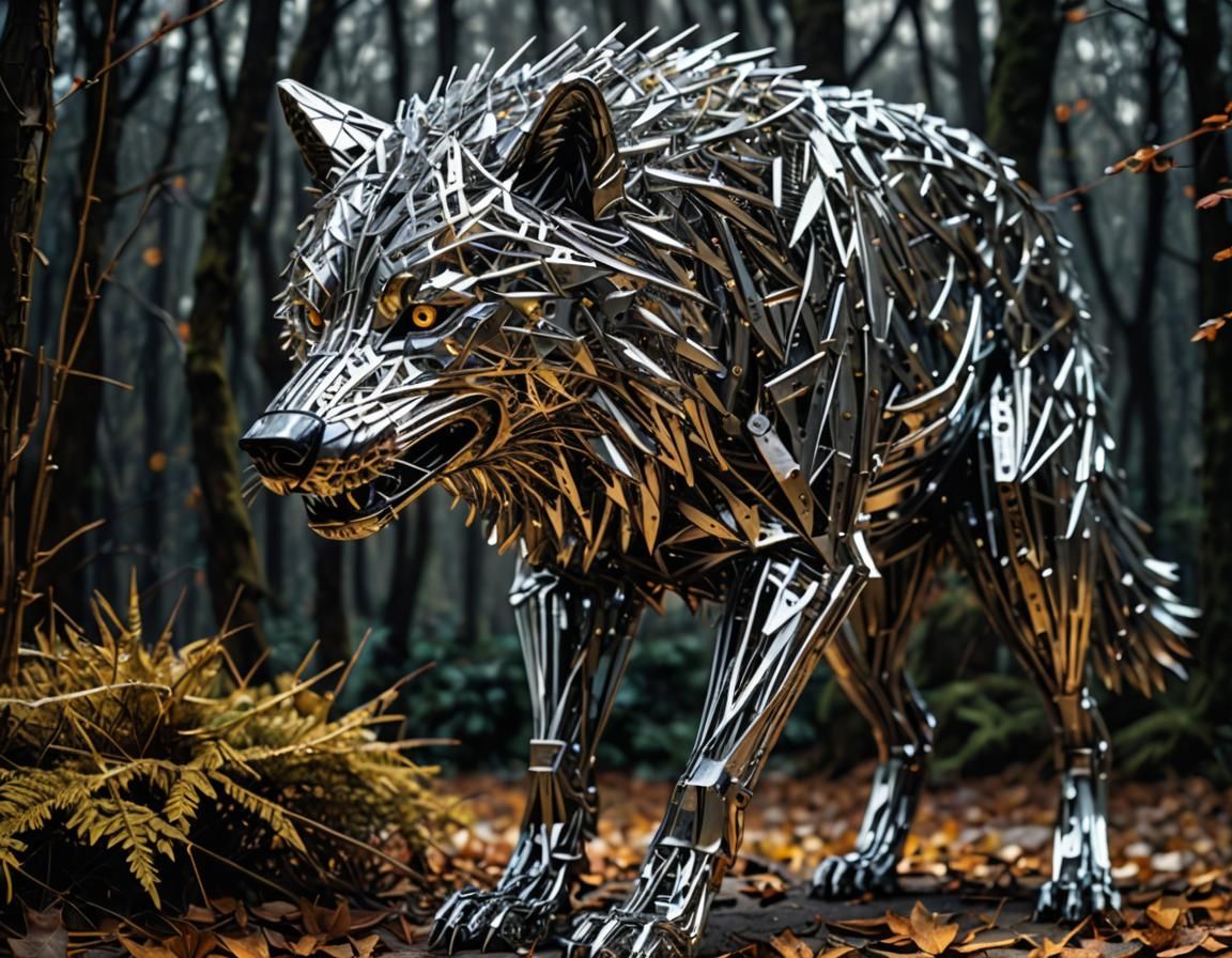 A prowling wolf made out of shiny metal needles,